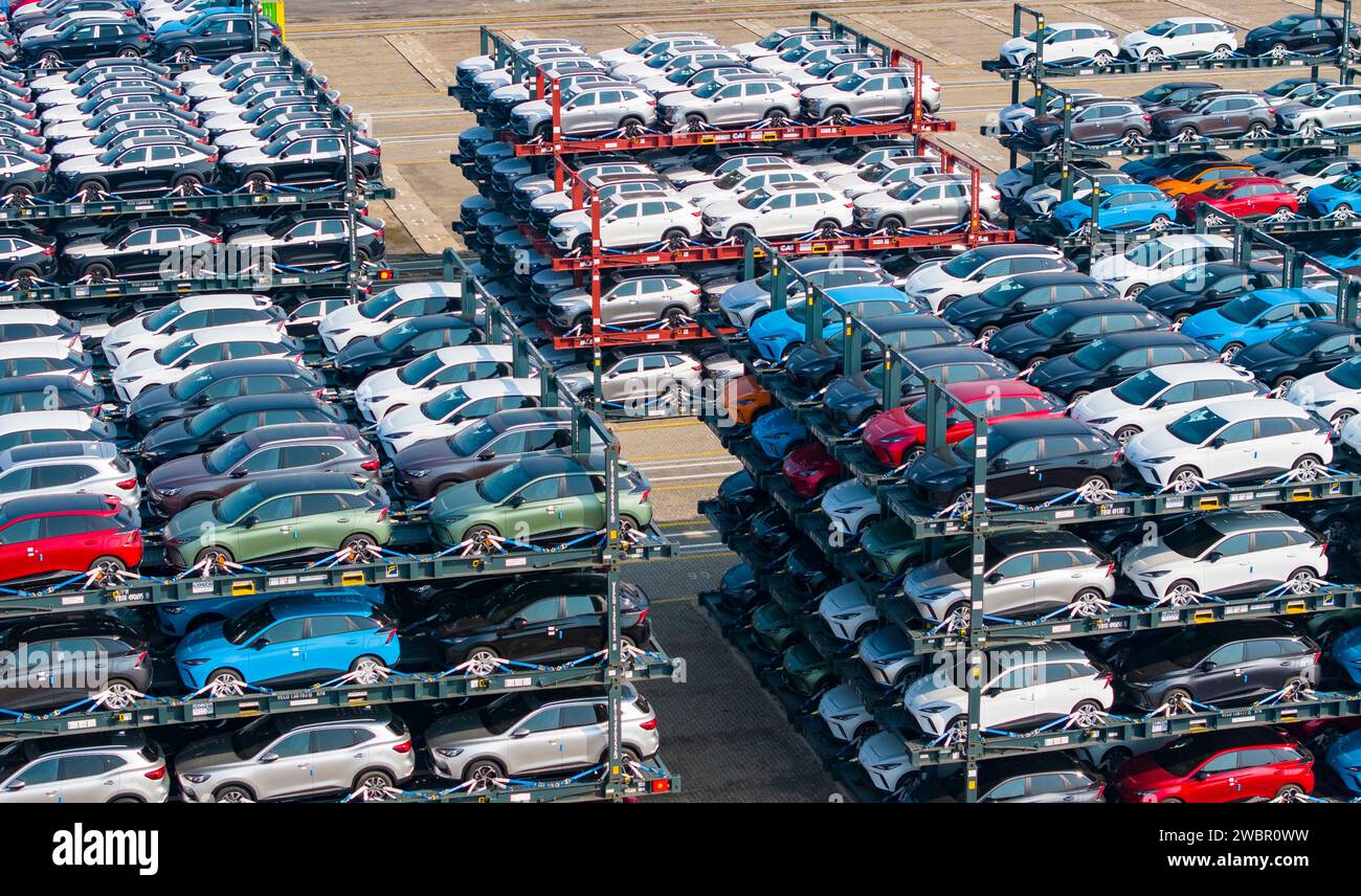 TAICANG, CHINA - JANUARY 12, 2024 - A batch of cars are about to be ...