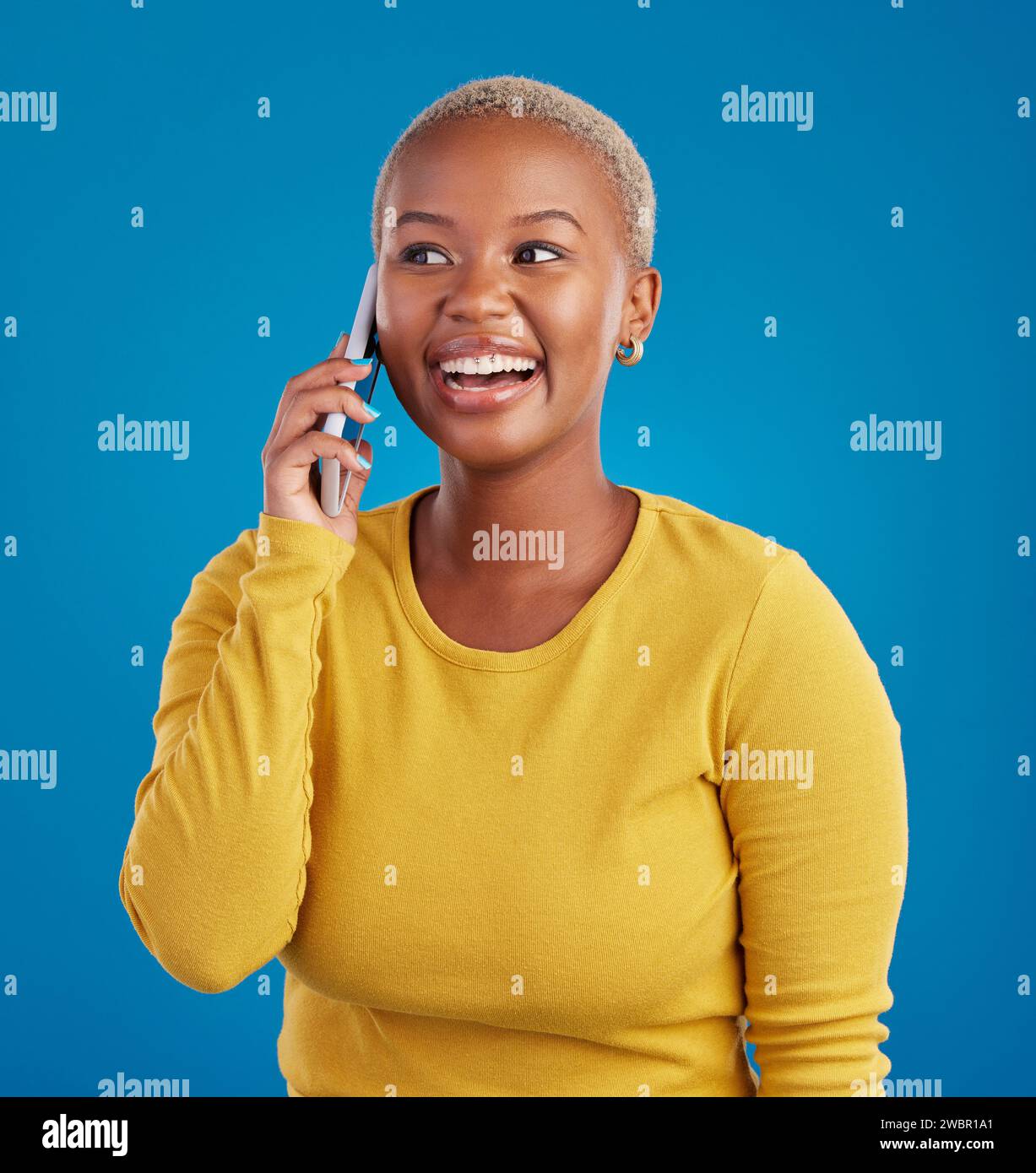 Phone call, connection and black woman talking in studio for social ...