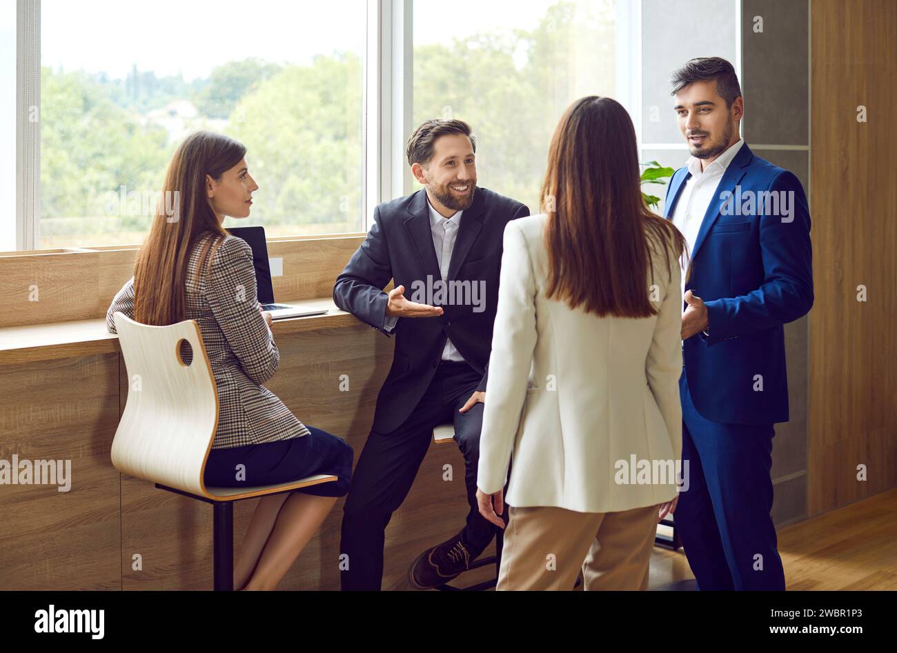 Business people in formal chat, speaking, presentation, critical ...