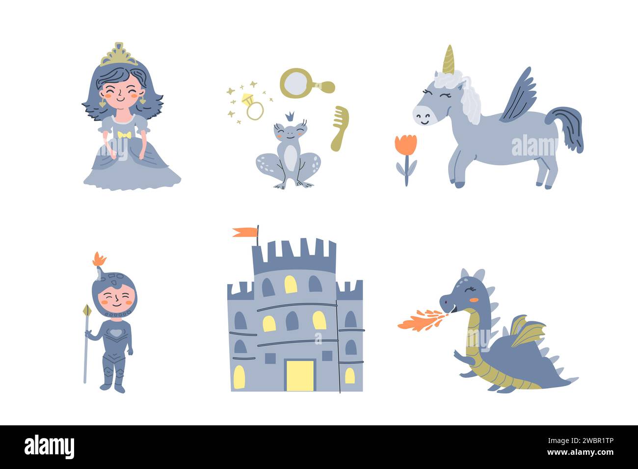 set of fairy cartoon characters princess, knight, animals. Vector ...