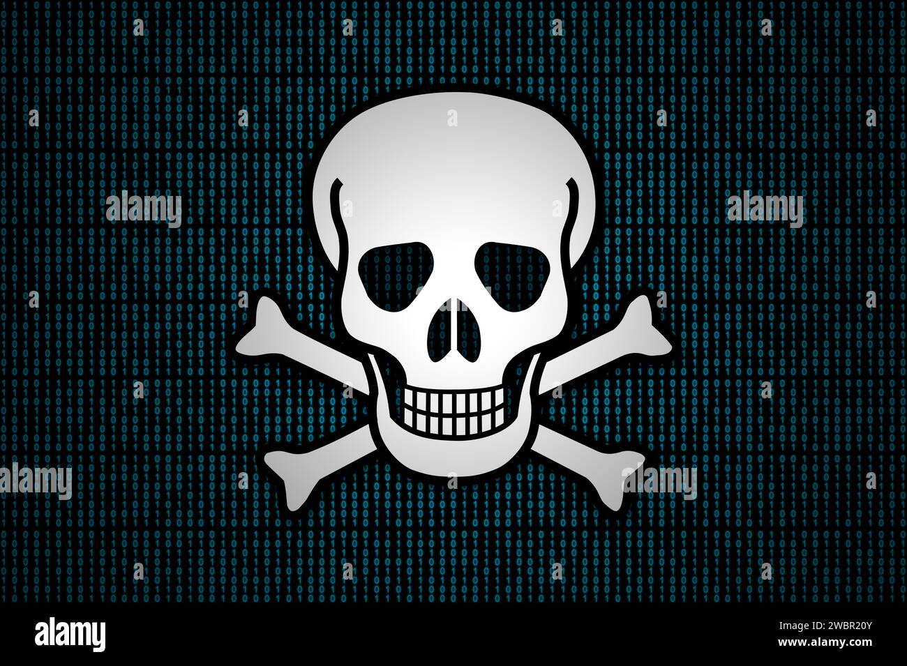 White skull and bones on a blue binary codes background Stock Photo - Alamy