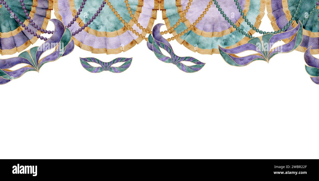 Hand drawn watercolor Mardi Gras carnival symbols. Garland cloth ...