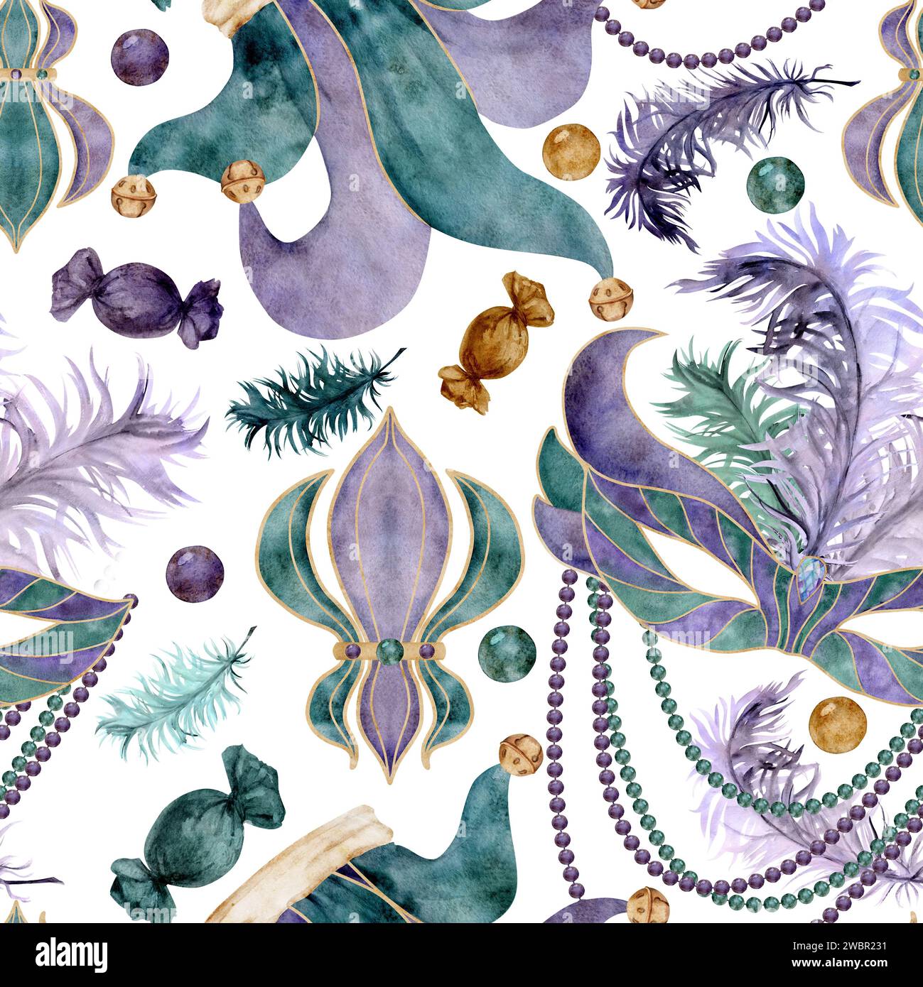 Hand drawn watercolor Mardi Gras carnival symbol. Jester fool hat ...