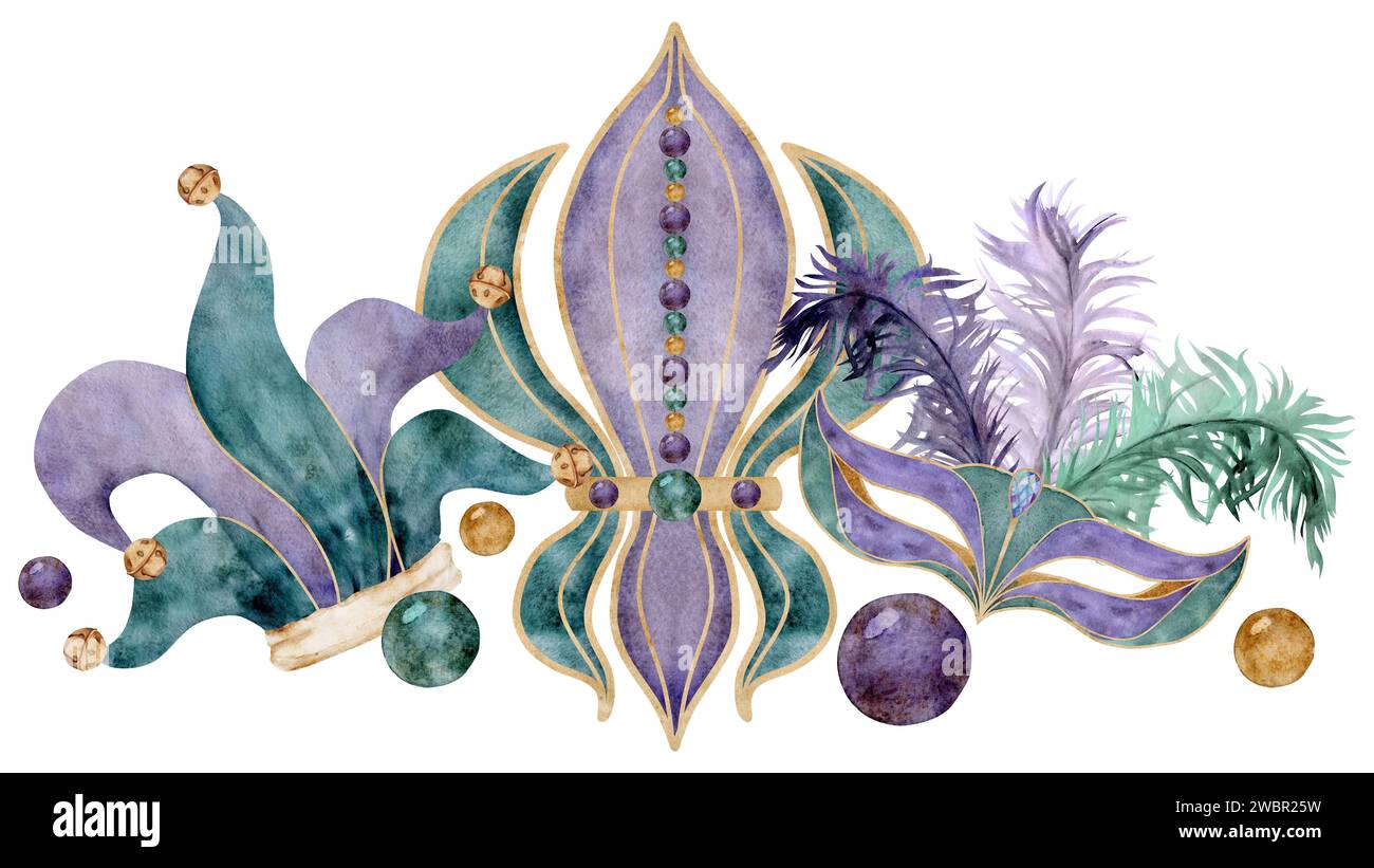 Hand drawn watercolor Mardi Gras carnival symbols. Theater masquerade ...