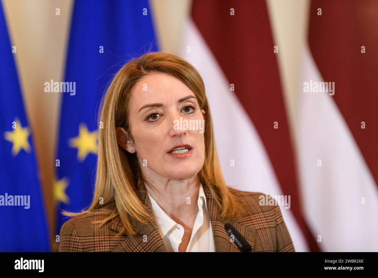 RIGA, Latvia. 12th Jan, 2024. Roberta Metsola (at photo), President of ...
