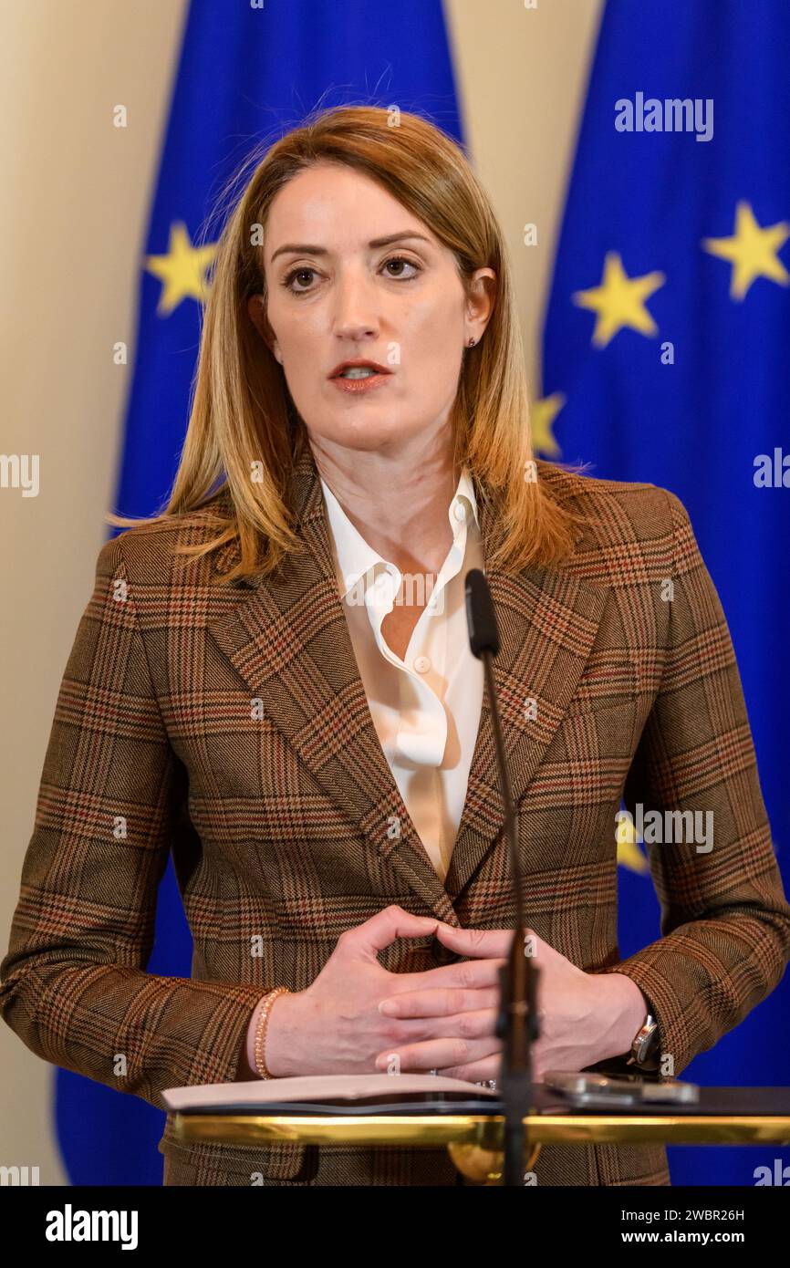 RIGA, Latvia. 12th Jan, 2024. Roberta Metsola (at photo), President of ...