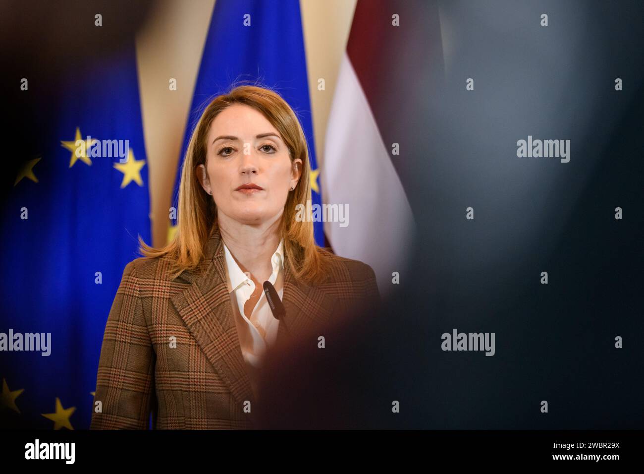 RIGA, Latvia. 12th Jan, 2024. Roberta Metsola (at photo), President of ...
