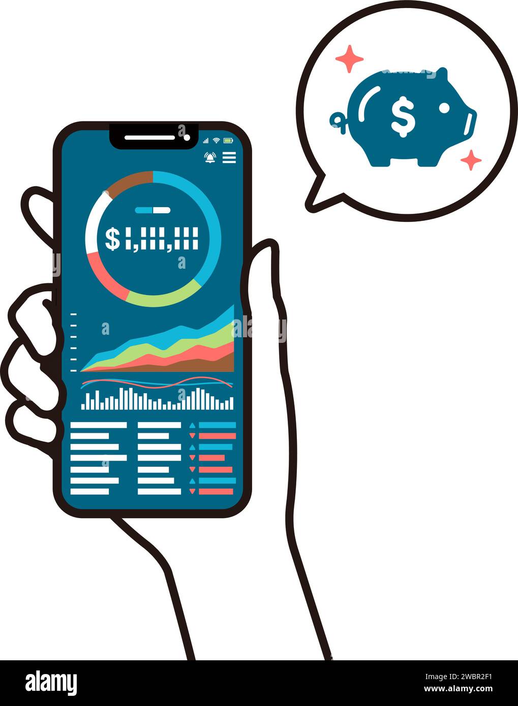 Vector illustration of a smartphone in hand (investment/financial app ...