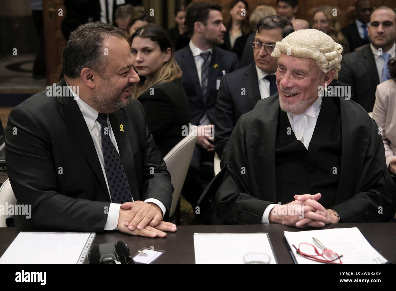 British jurist Malcolm Shaw, right, talks to legal adviser to Israel's ...