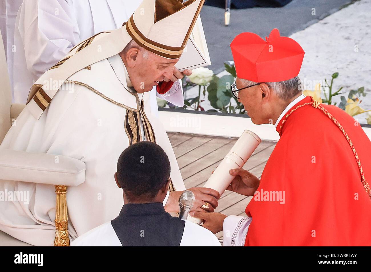 Pope Francis greets new cardinal Stephen Chow Sau-Yan during a ...