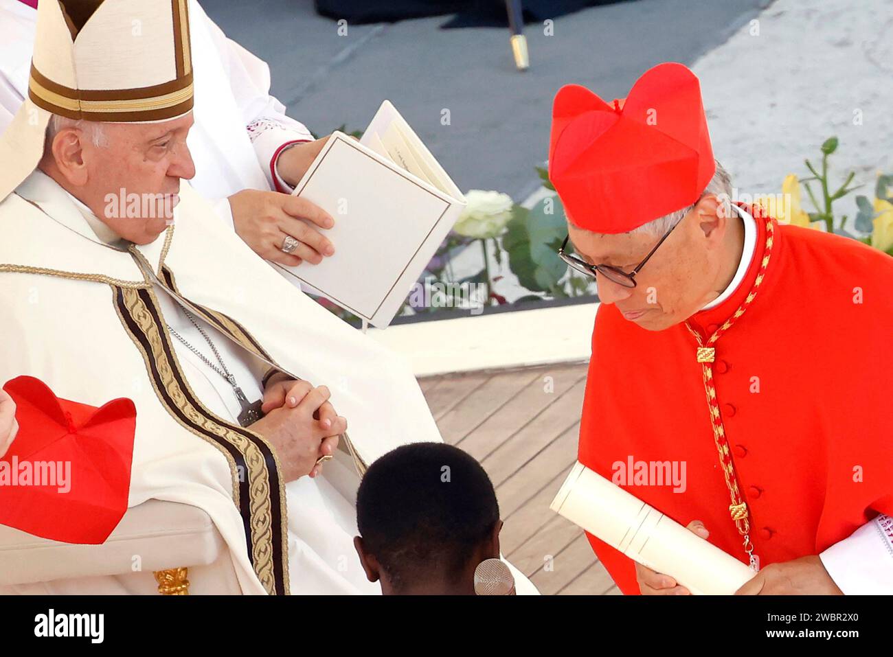 New cardinal Stephen Chow Sau-Yan walks past Pope Francis during a ...