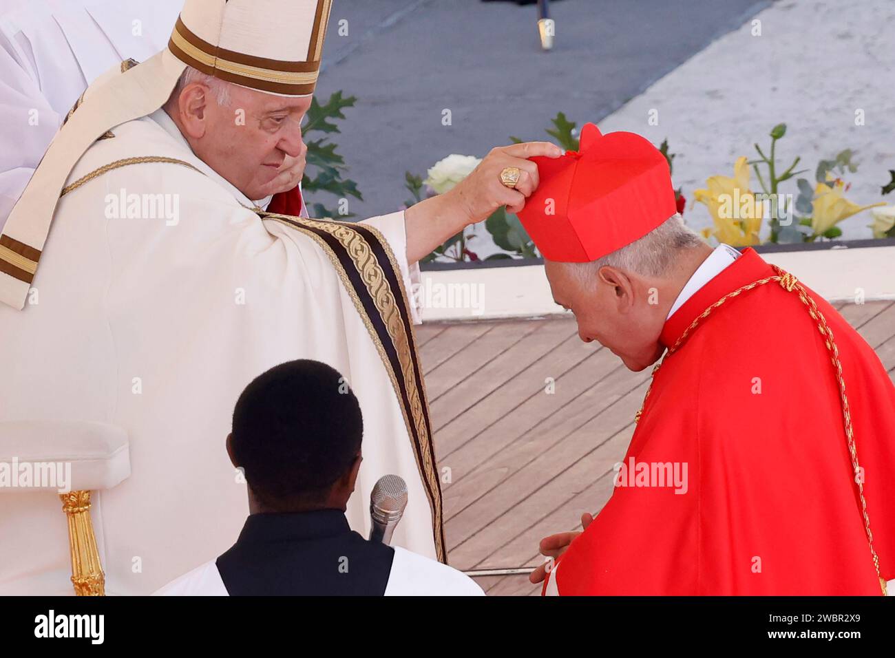 Pope Francis puts the red biretta on the head of new cardinal Diego ...