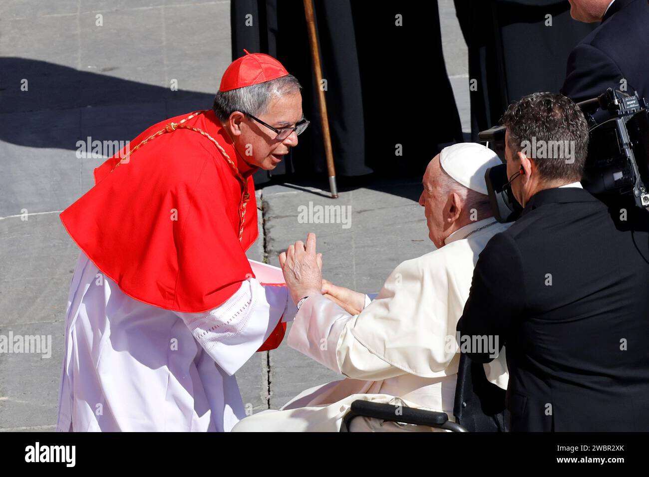 Pope Francis greets new cardinal Luis JoseÕ Rueda Aparicio at the end ...