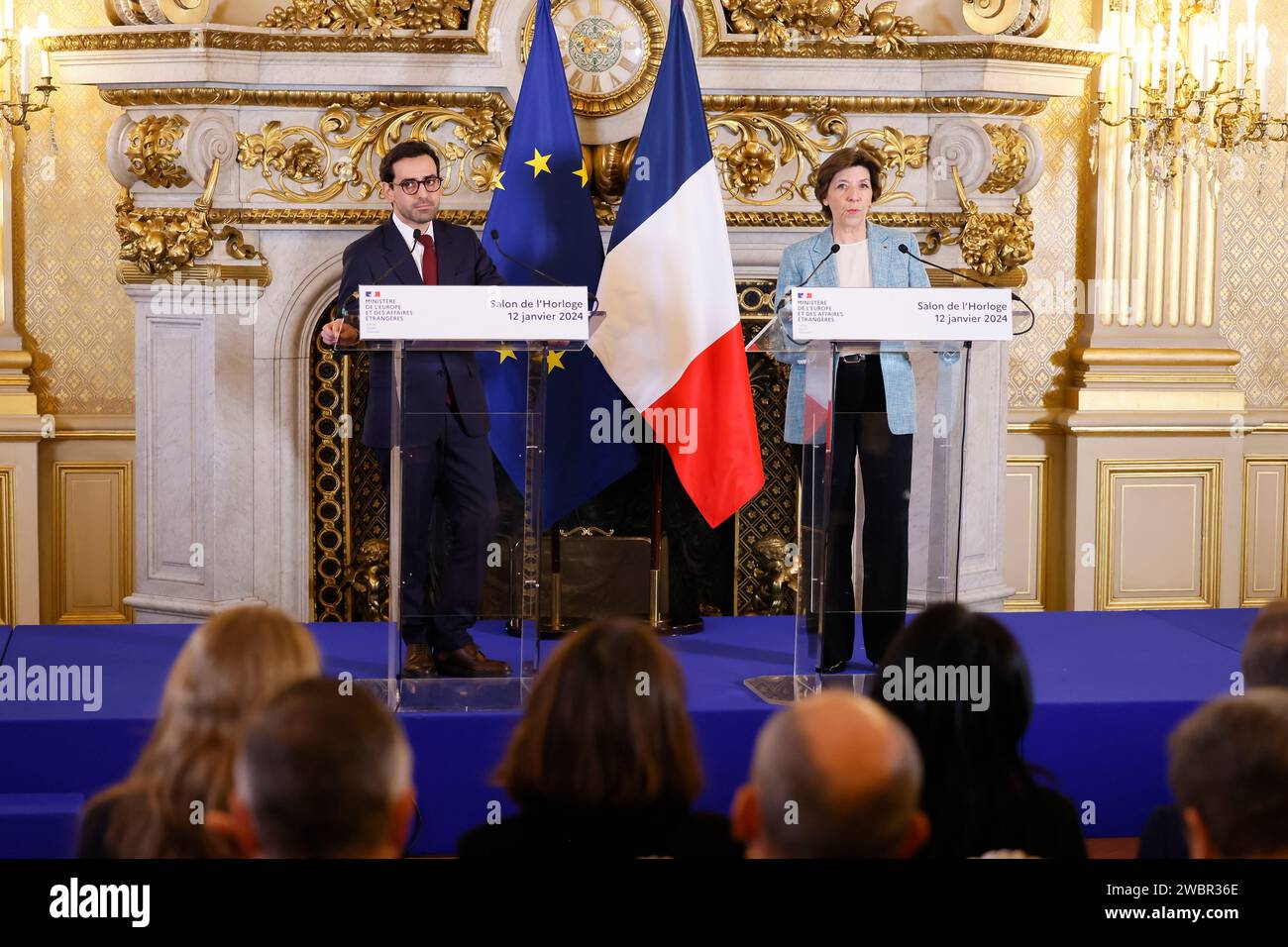 Newly appointed French Foreign Minister Stephane Sejourne, left, and ...