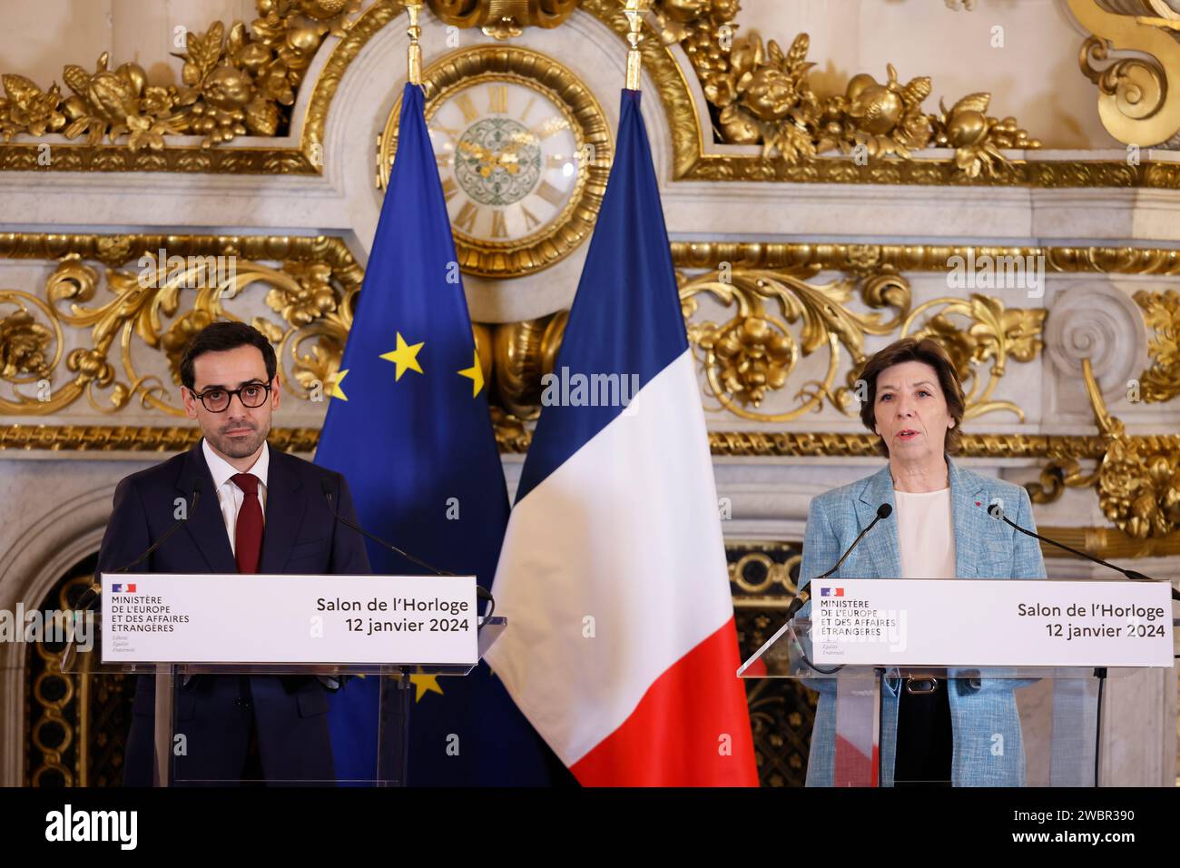Newly appointed French Foreign Minister Stephane Sejourne, left, and ...