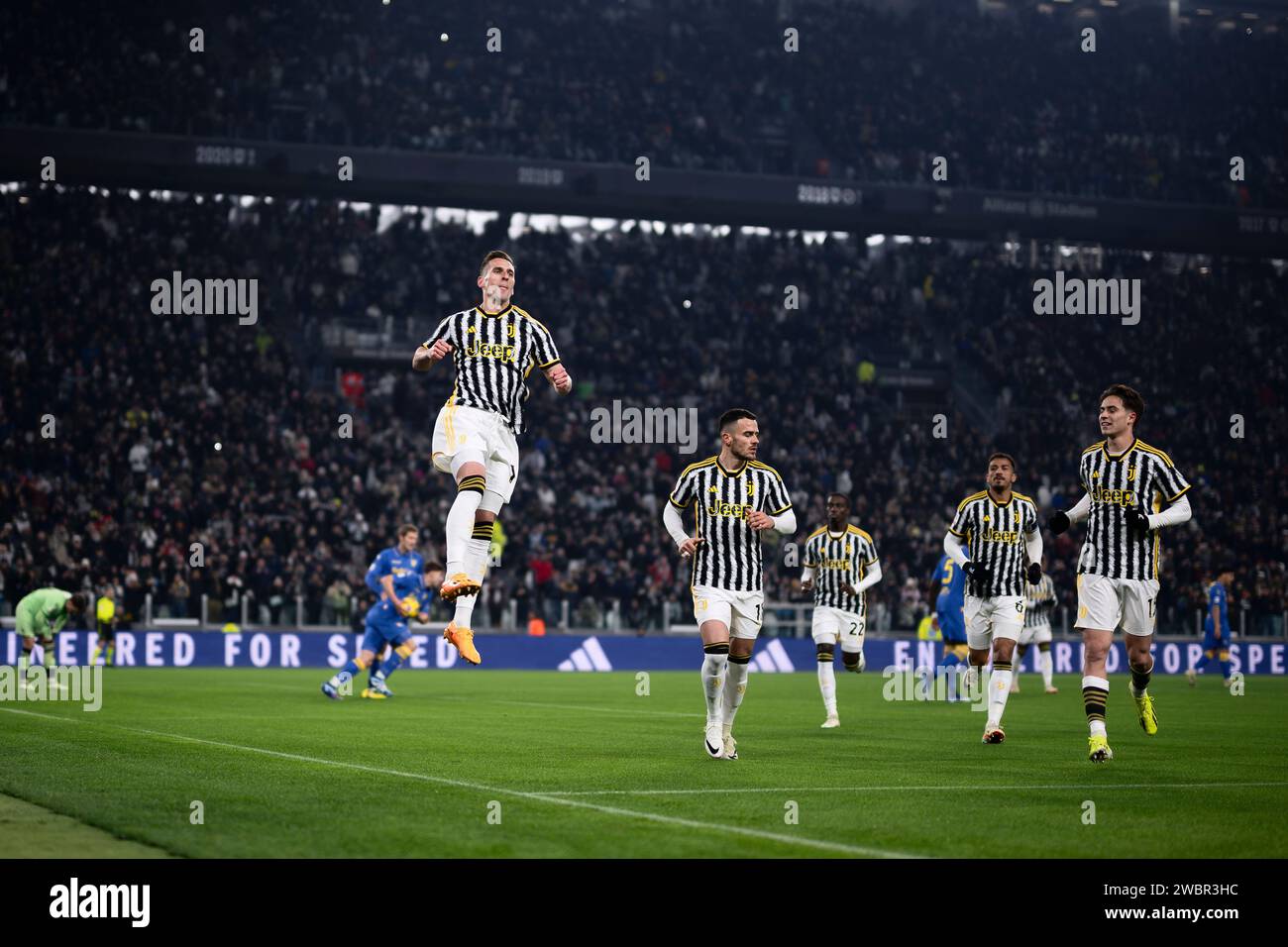 Turin, Italy. 11 January 2024. Arkadiusz Milik of Juventus FC celebrate ...