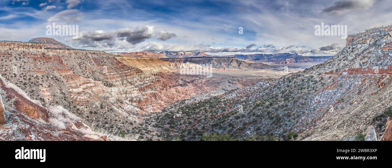 High-contrast panoramic image of the canyon landscape of the Arizona ...