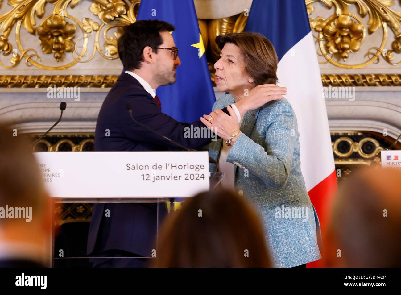 Newly appointed French Foreign Minister Stephane Sejourne, left, hugs ...
