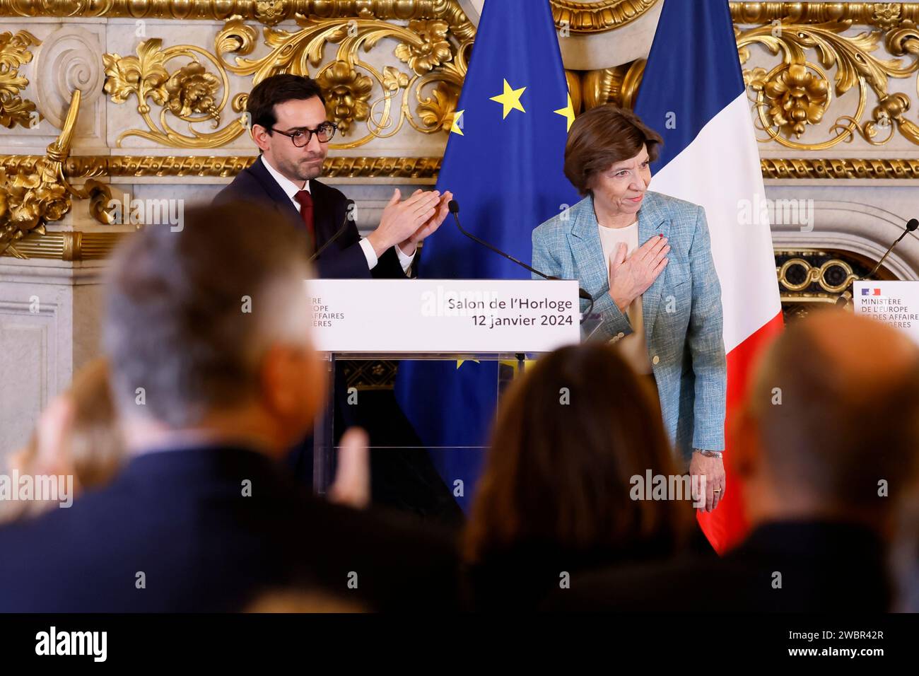 Newly appointed French Foreign Minister Stephane Sejourne, left ...