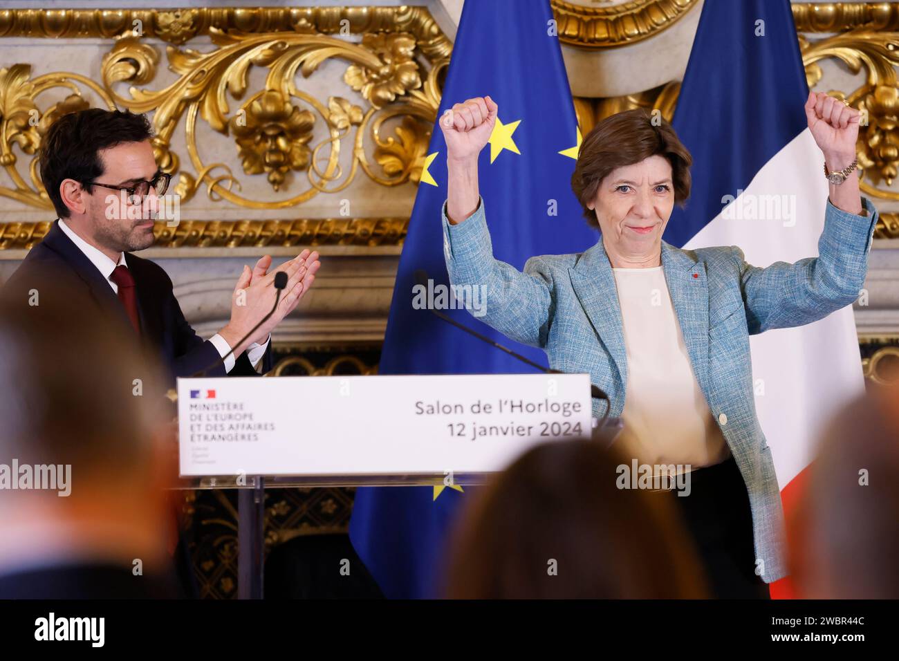 Newly appointed French Foreign Minister Stephane Sejourne, left ...