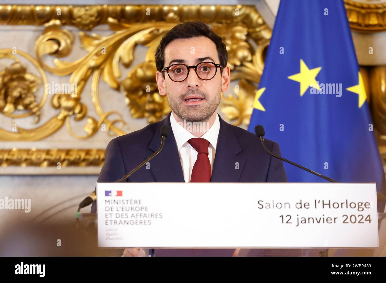 Newly appointed French Foreign Minister Stephane Sejourne delivers his ...