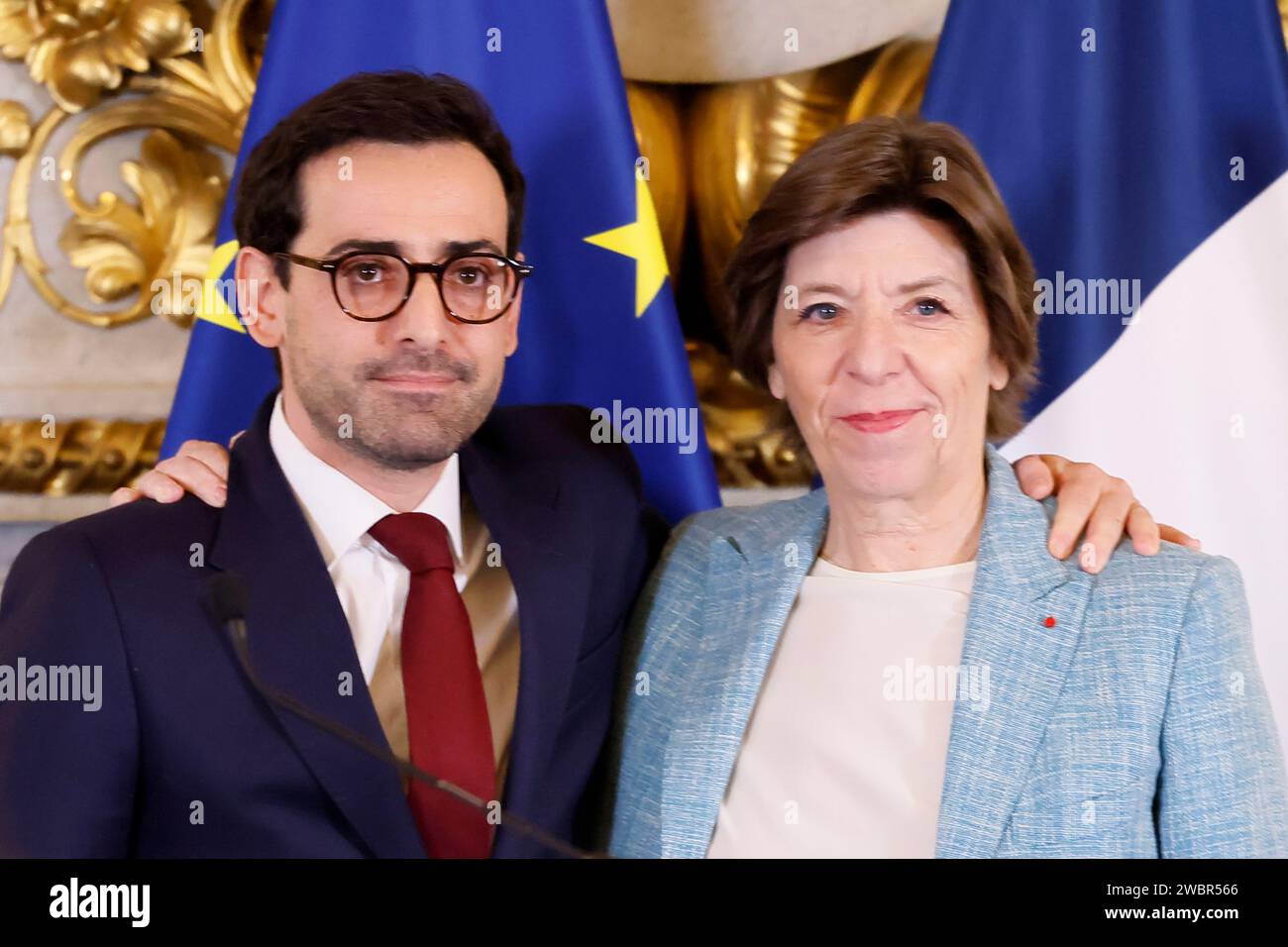 Newly appointed French Foreign Minister Stephane Sejourne, left, and ...
