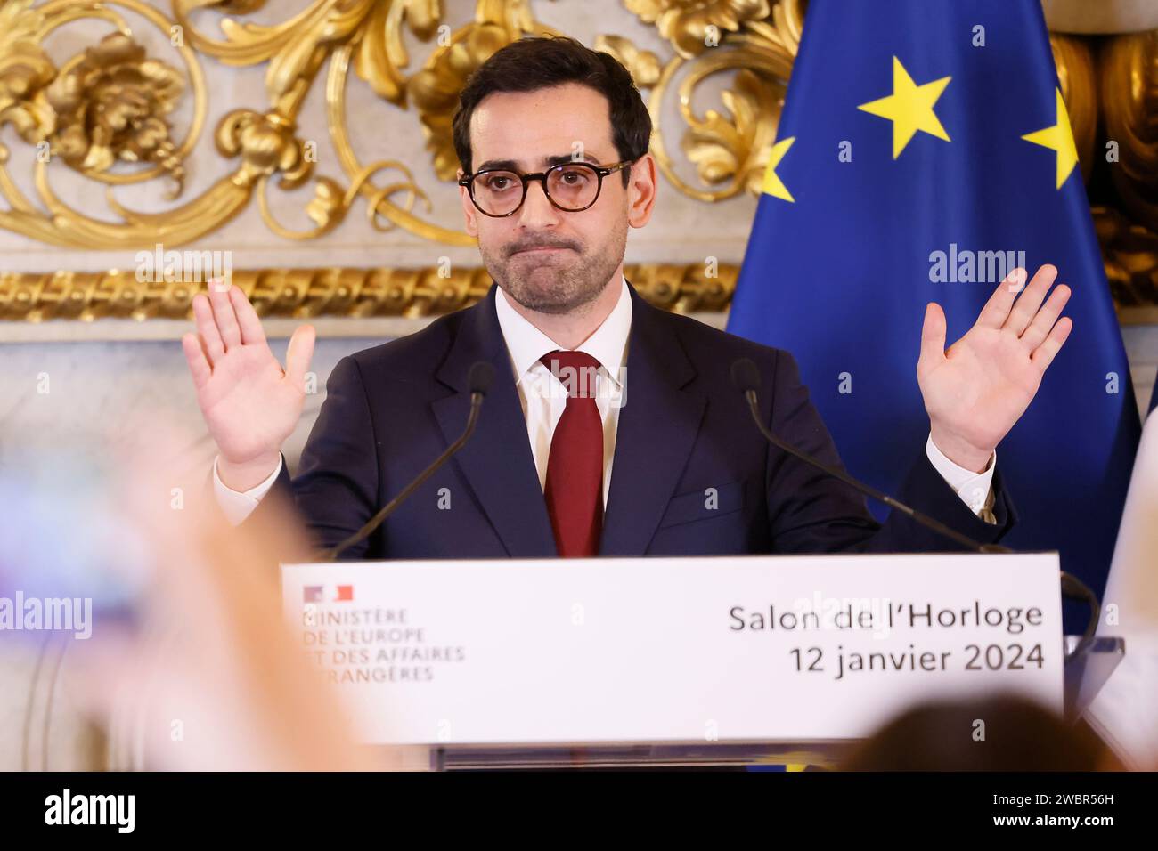 Newly appointed French Foreign Minister Stephane Sejourne gestures ...