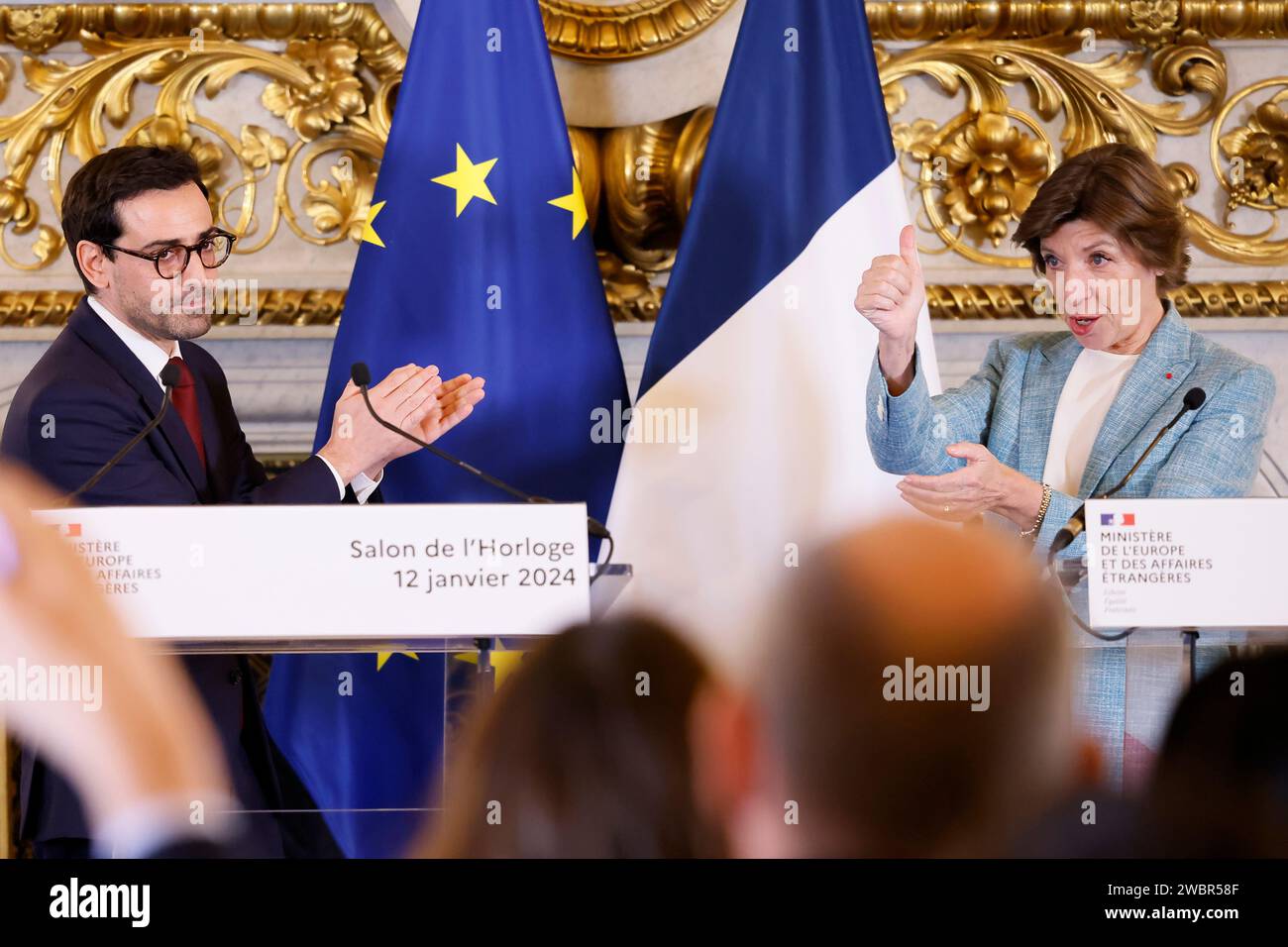 Newly appointed French Foreign Minister Stephane Sejourne, left ...