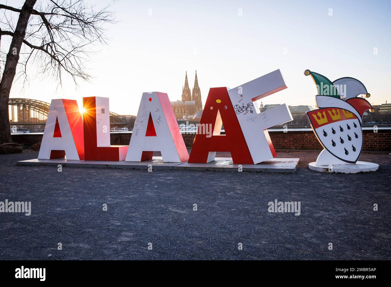 two-meter-high Alaaf lettering stands in the district Deutz, in the ...
