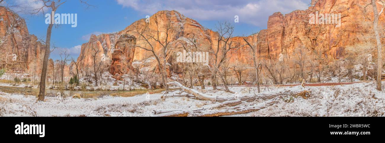 Panoramic picture from Zion National Park in Utah in winter with snow ...
