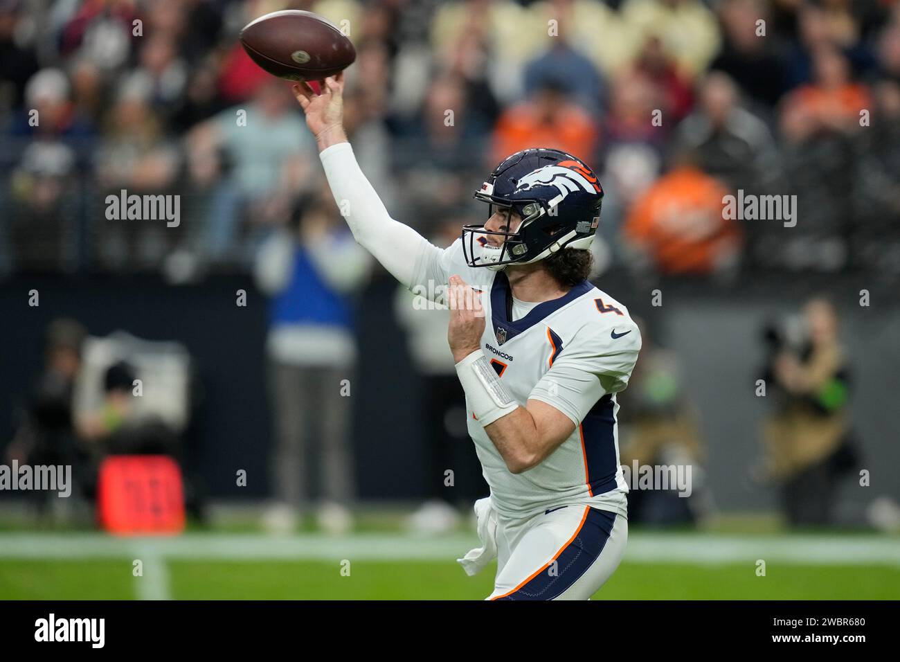Denver Broncos quarterback Jarrett Stidham (4) plays against the Las ...