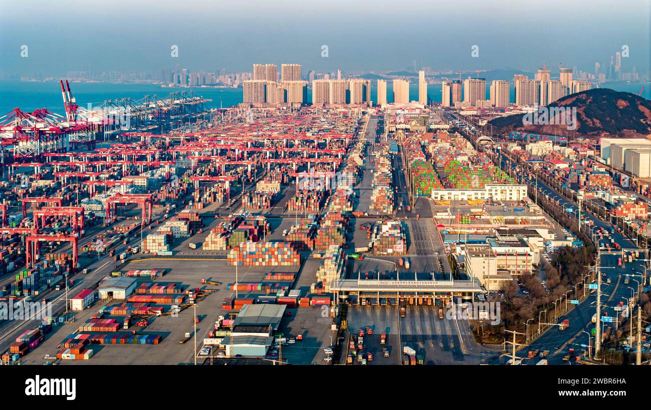 Aerial photo shows the Qianwan Container Terminal in Qingdao City, east ...