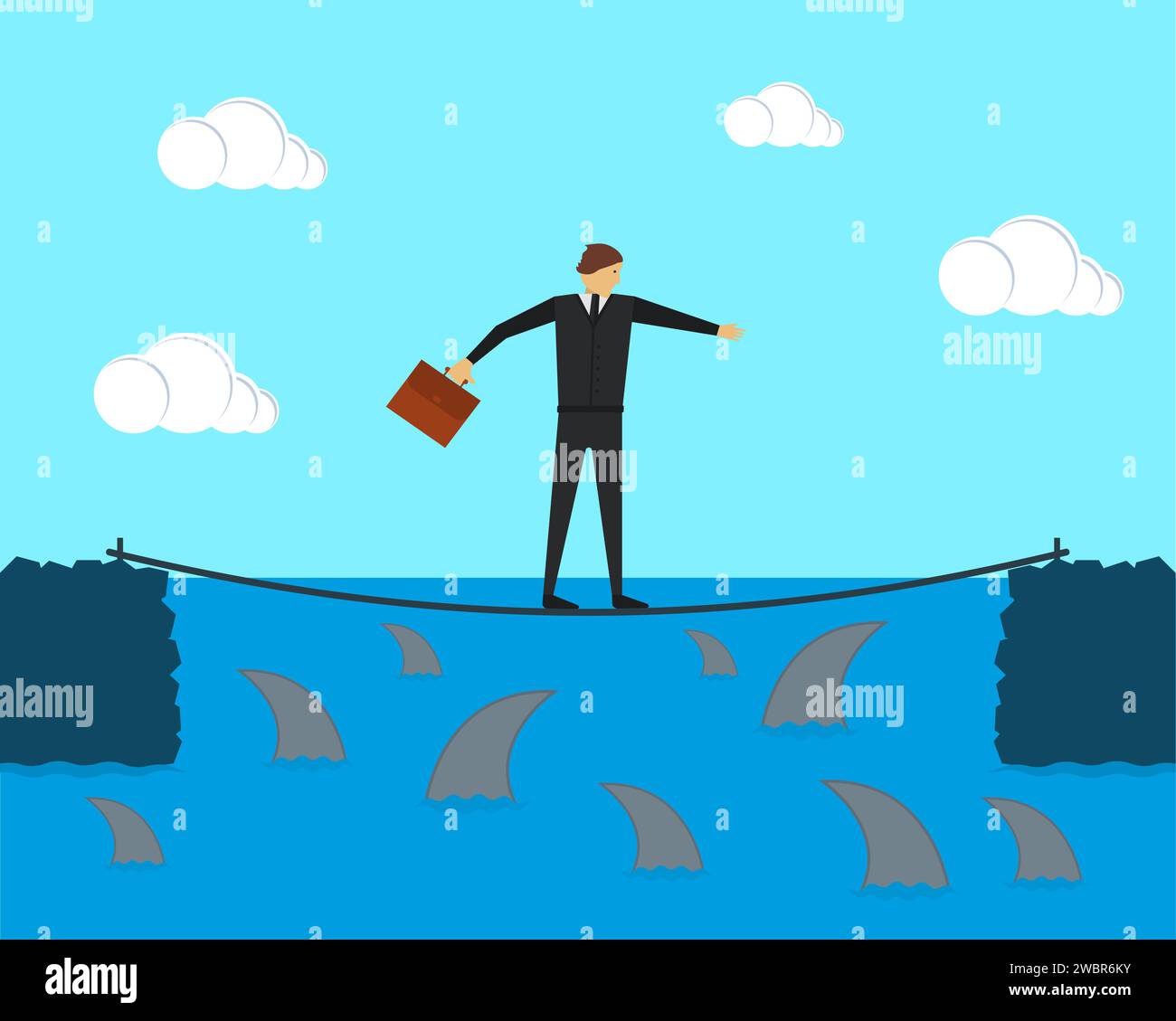 Businessman tightrope walker keeps balance on the tightrope. Sharks ...