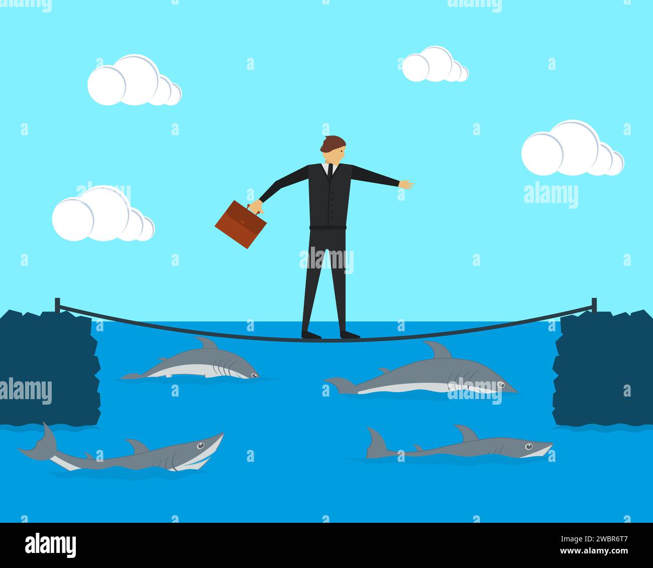 Businessman tightrope walker keeps balance on the tightrope. Sharks ...