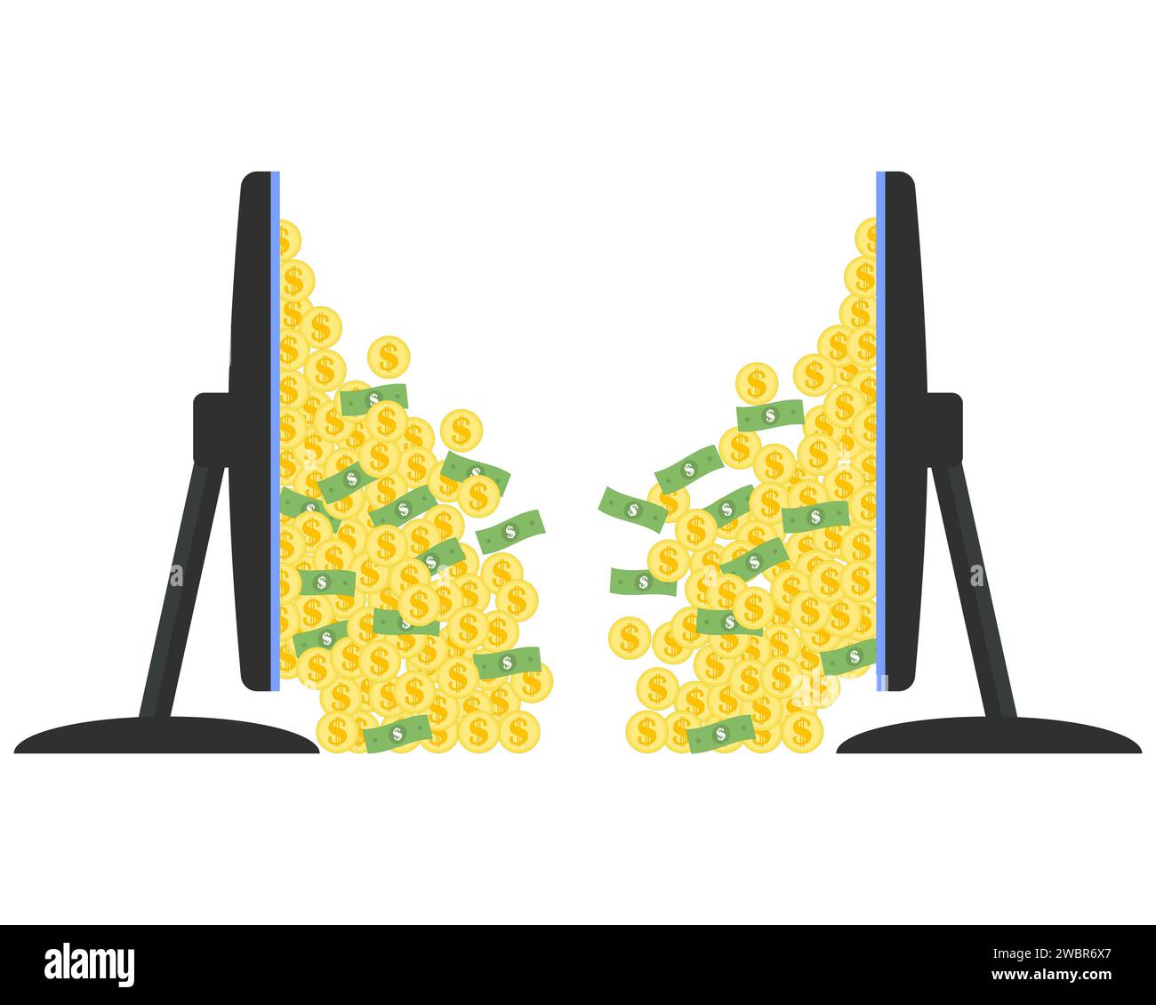 A large pile of paper money and gold coins pours out of the computer ...