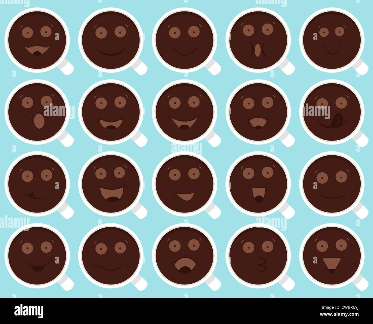 Set of cartoon cups with coffee with faces. Cheerful emoticons, smiley ...