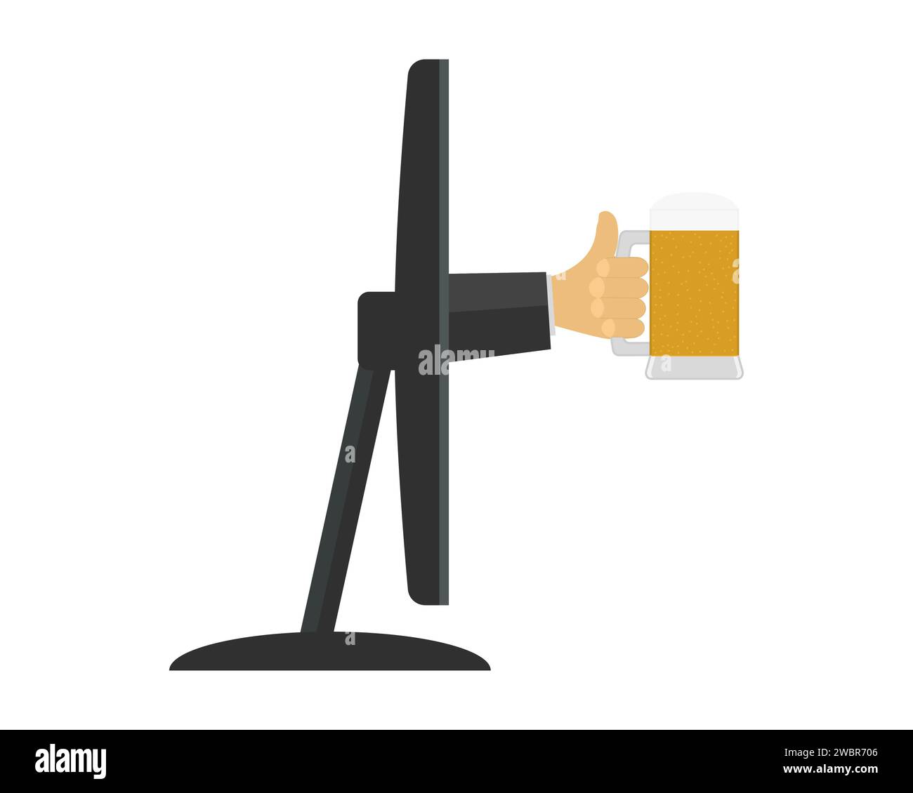 A hand with a mug of beer leans out of the computer monitor screen ...