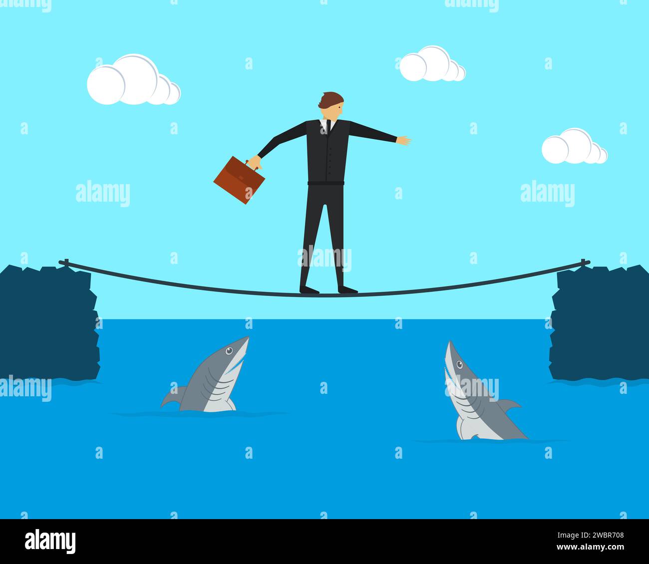 Businessman tightrope walker keeps balance on the tightrope. Sharks ...