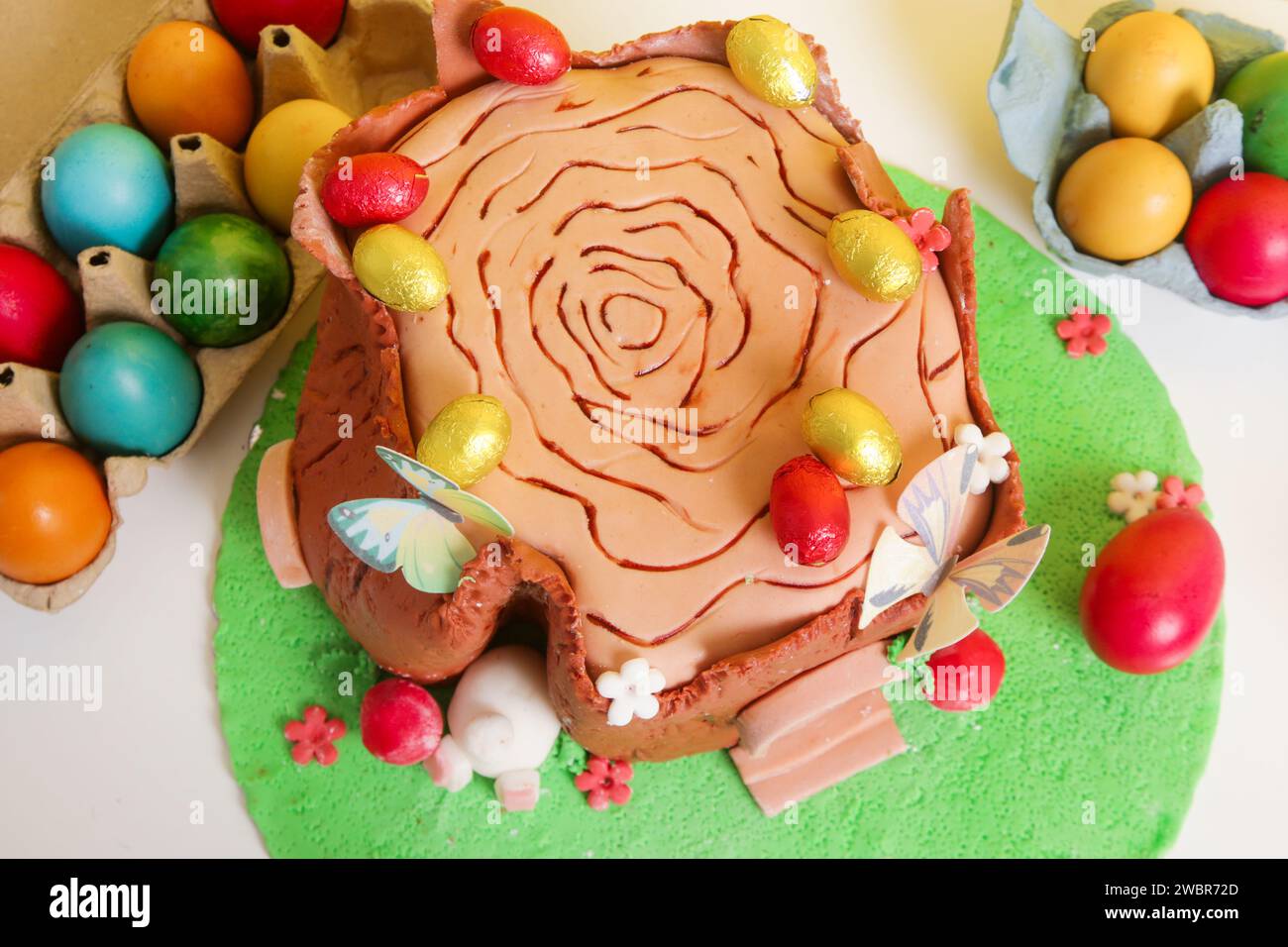 Easter log cake with textured look on the tree trunk and Easter bunny ...