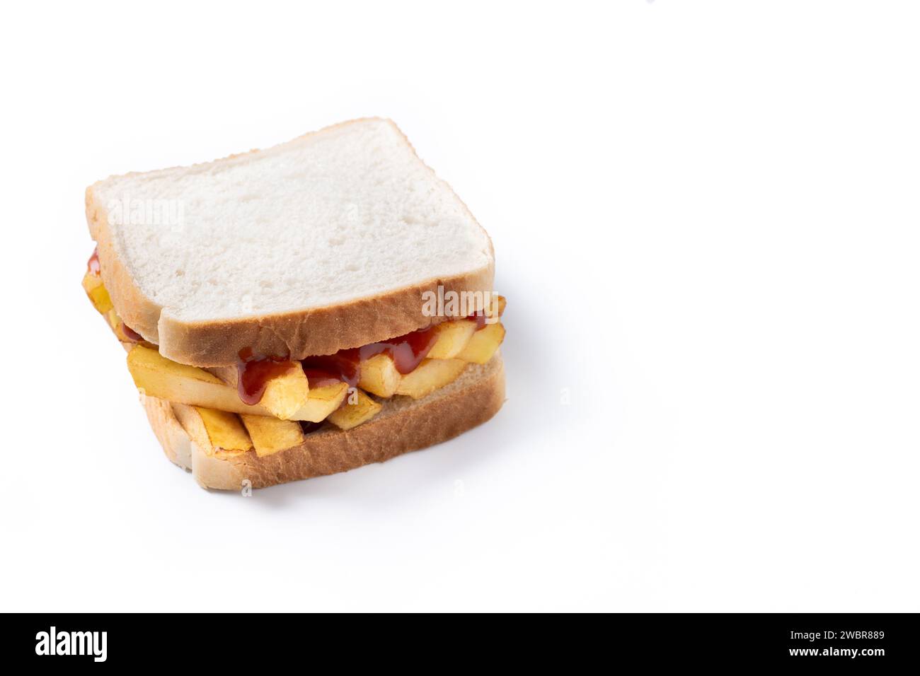 Traditional British chip butty (french fry sandwich) isolated on white ...