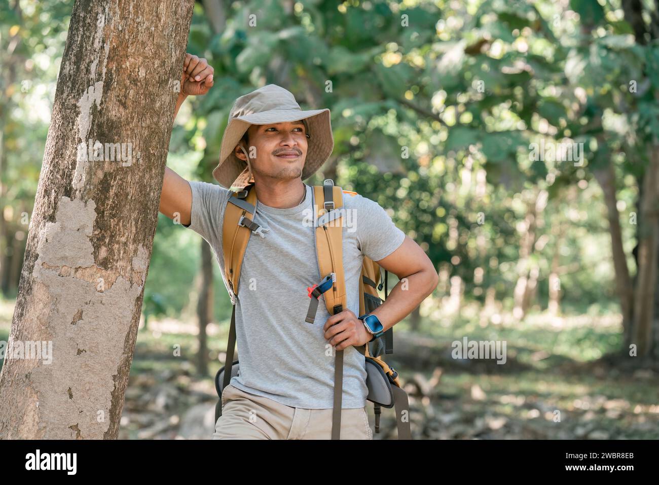 Young man backpacker traveling alone in forest. Attractive male ...