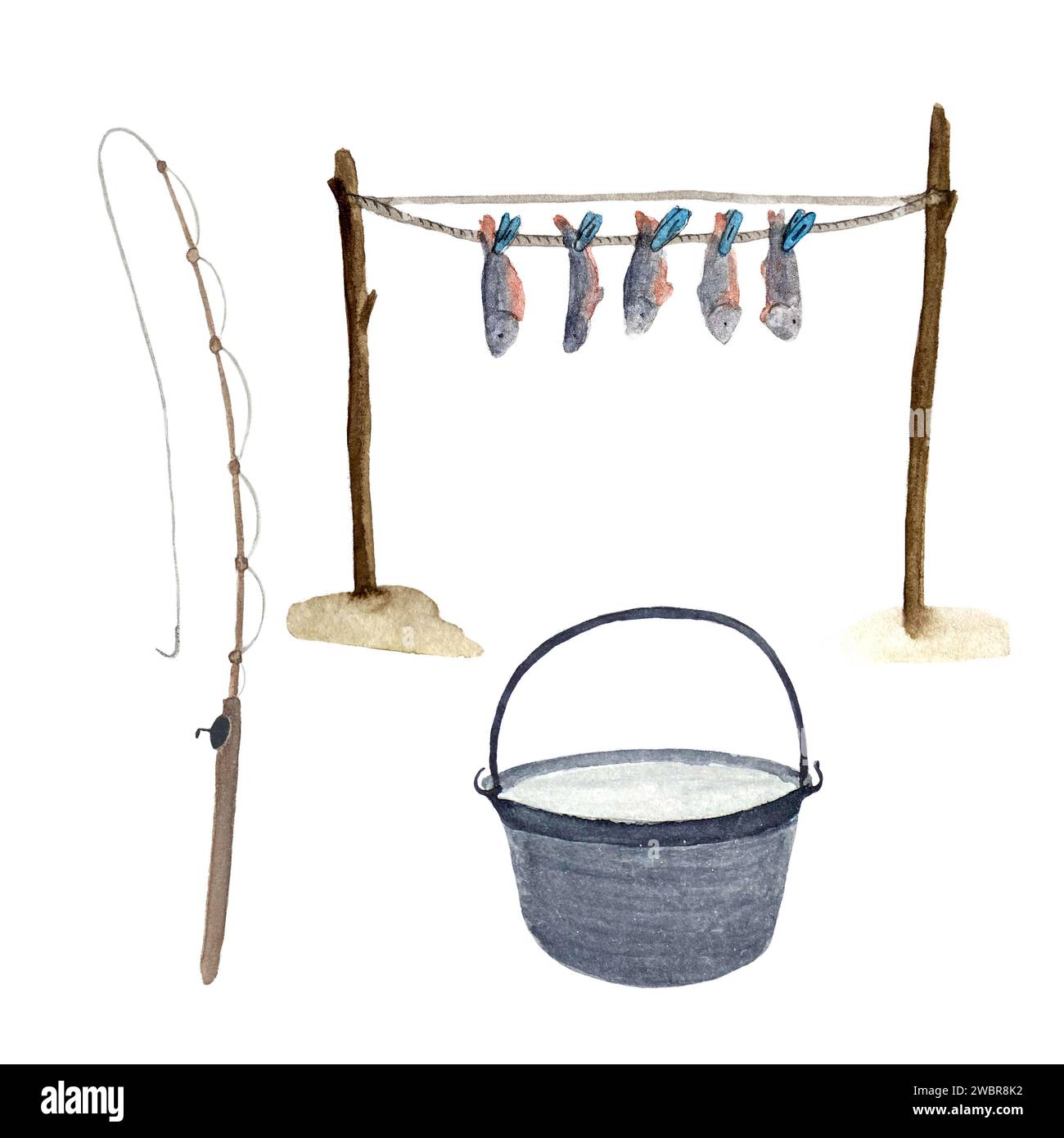 Watercolor fishing drying fish isolated on white Stock Photo - Alamy