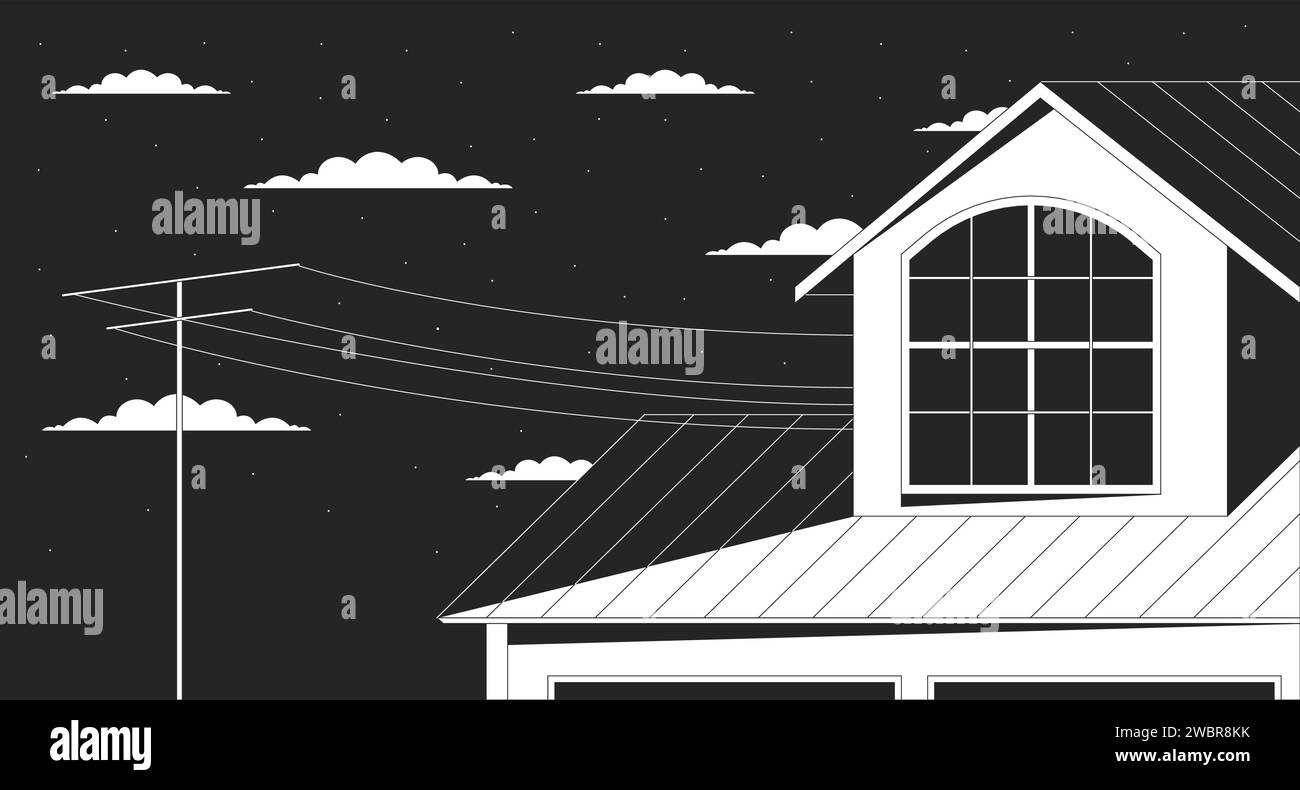 Outside window attic on starry night clouds outline 2D cartoon ...