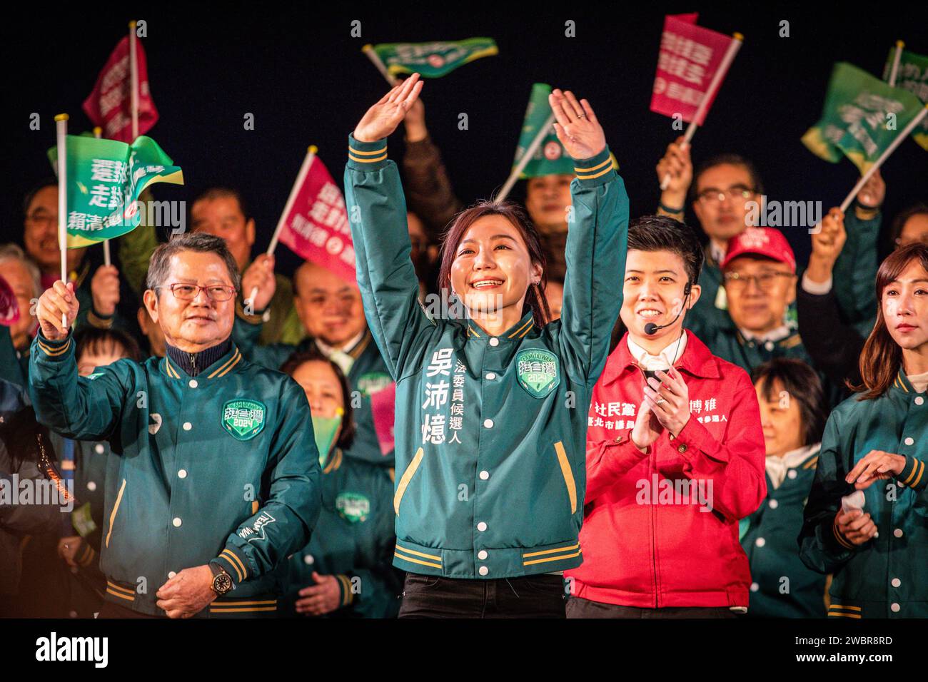 Taipei, Taiwan. 11th Jan, 2024. Candidate of Legislative Yuan, Wu Pei-Yi (C) attends the TPP ...