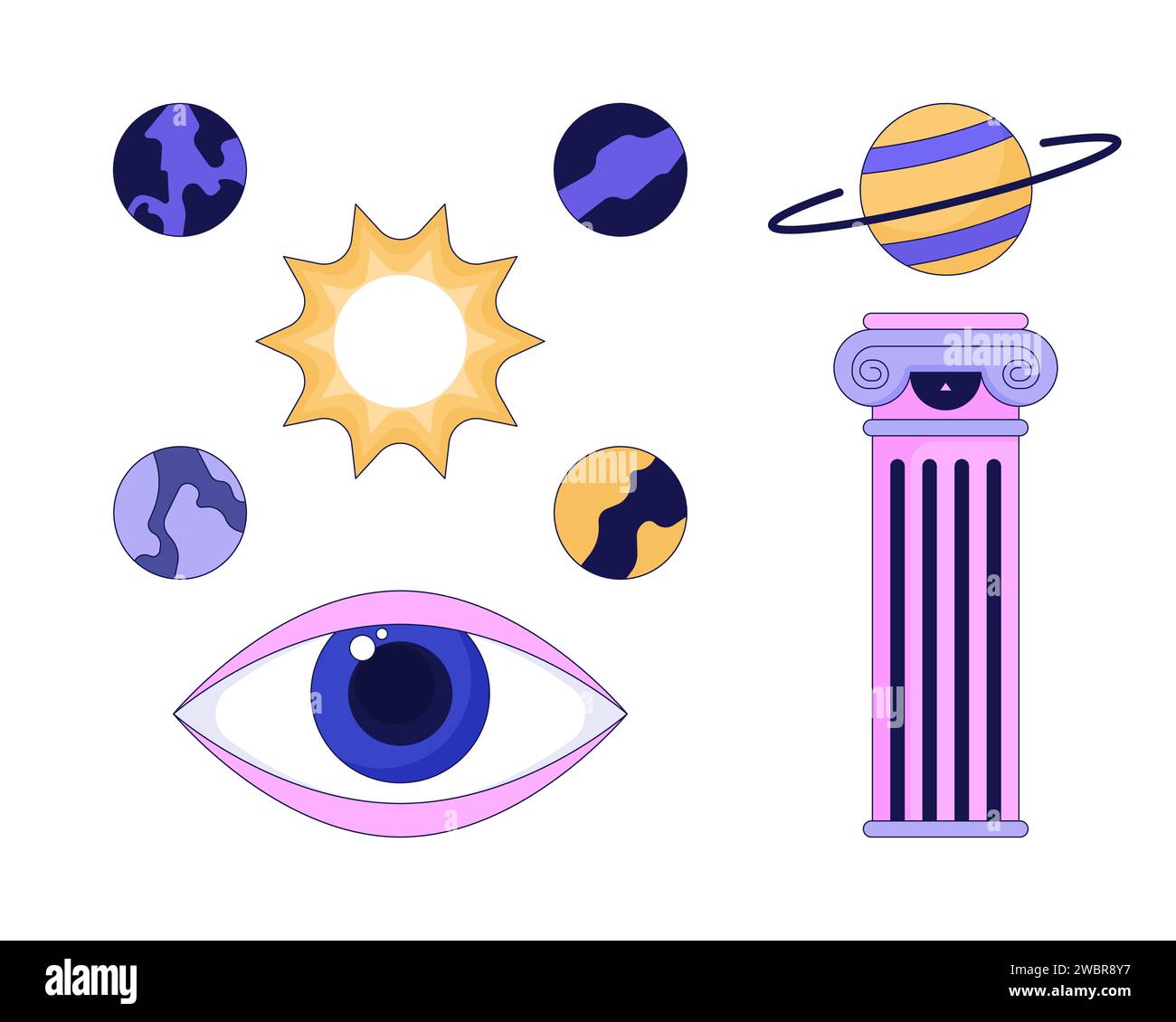 Mysterious cosmos planets 2D linear cartoon objects set Stock Vector ...