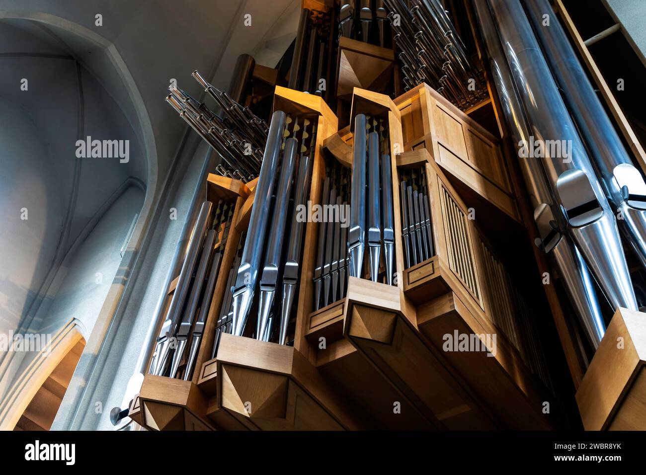 Low Angle Of Wooden Pipe Organ In Majestic Hallgrimskirkja Church Located In Reykjavik Huge
