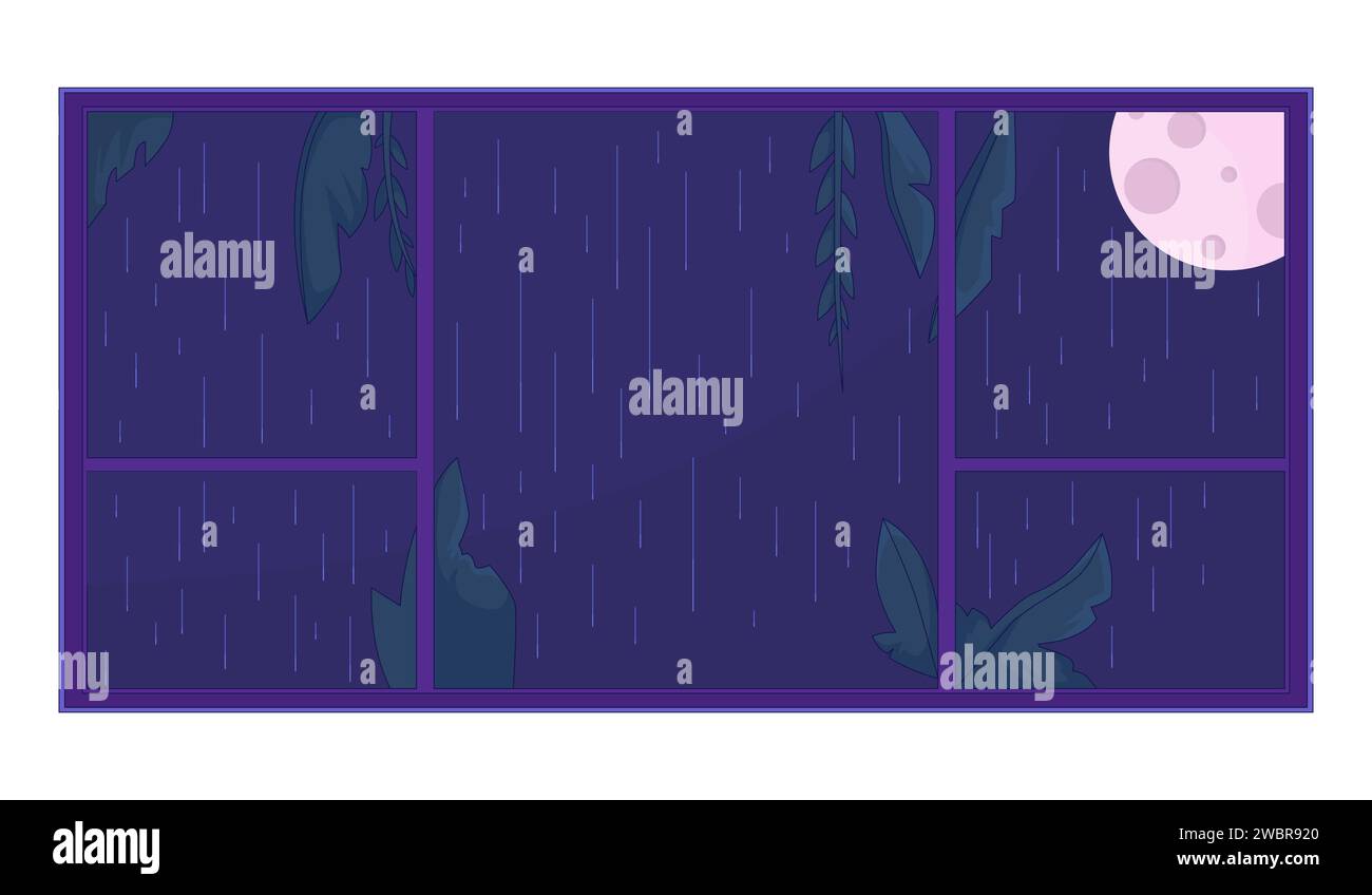 Full moon night raining window 2D linear cartoon object Stock Vector ...