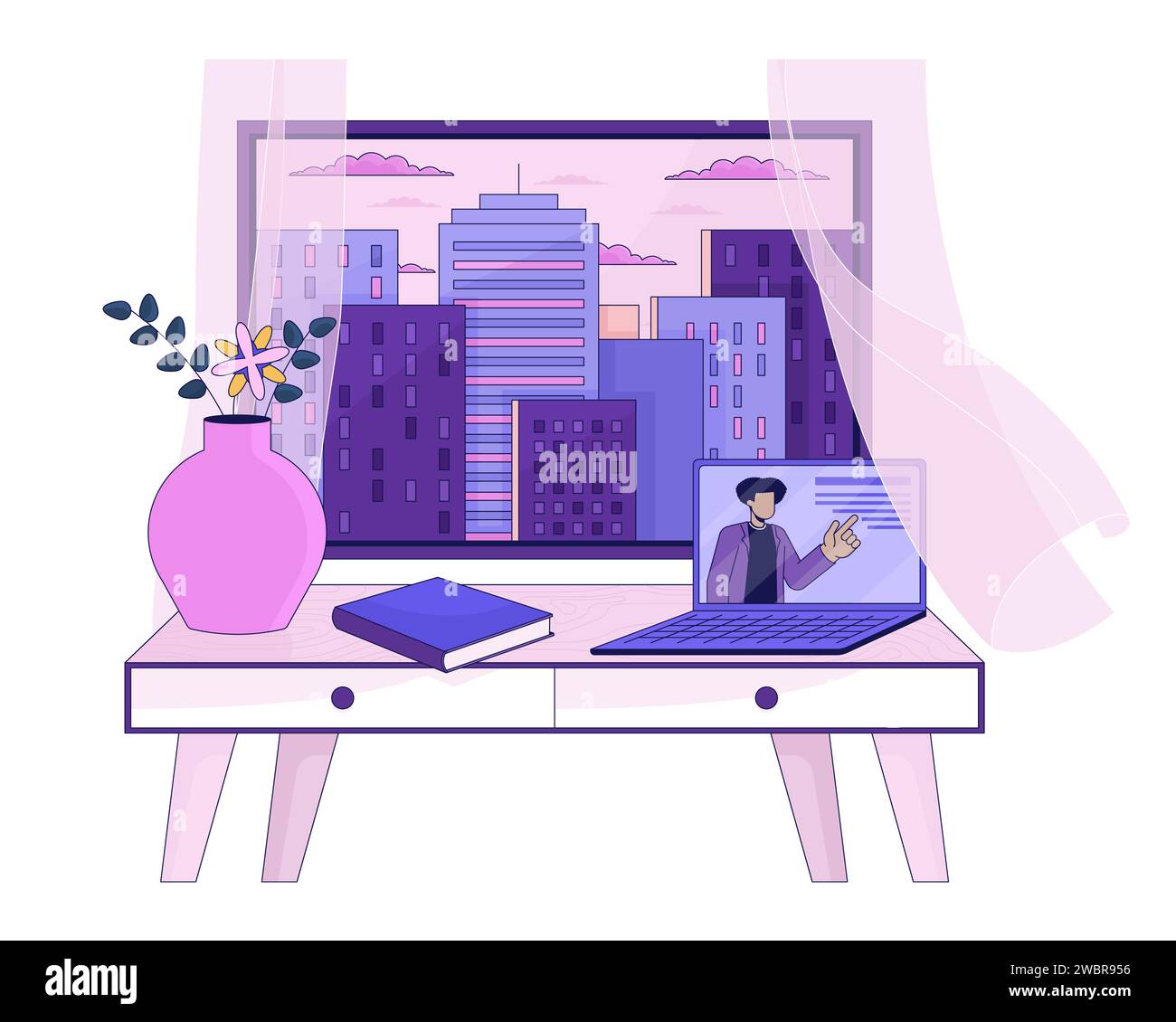 Cozy study space at window 2D linear cartoon object Stock Vector Image ...