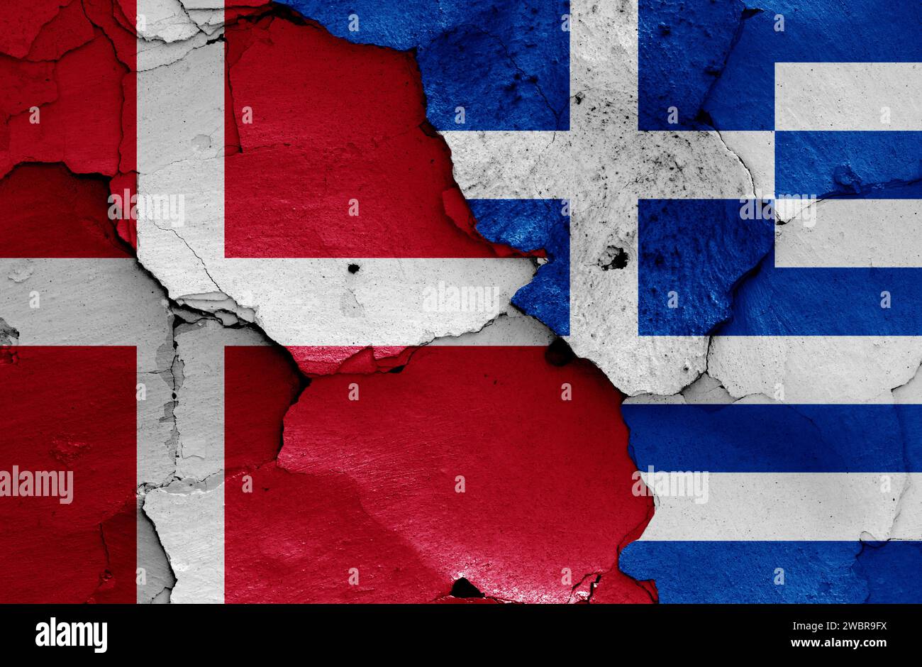 flags of Denmark and Greece painted on cracked wall Stock Photo - Alamy