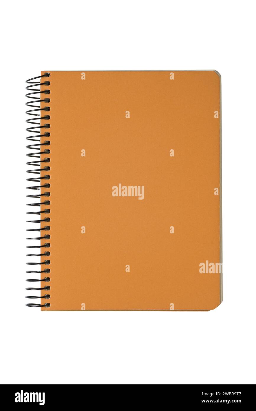 Closed spiral bound notepad with orange cover isolated on white ...